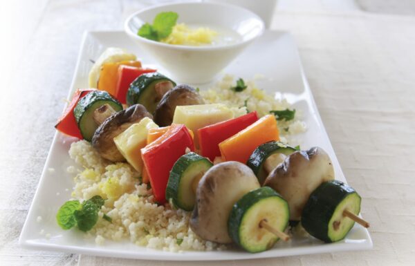 Barbecued haloumi and vegetable kebabs - Healthy Food Guide
