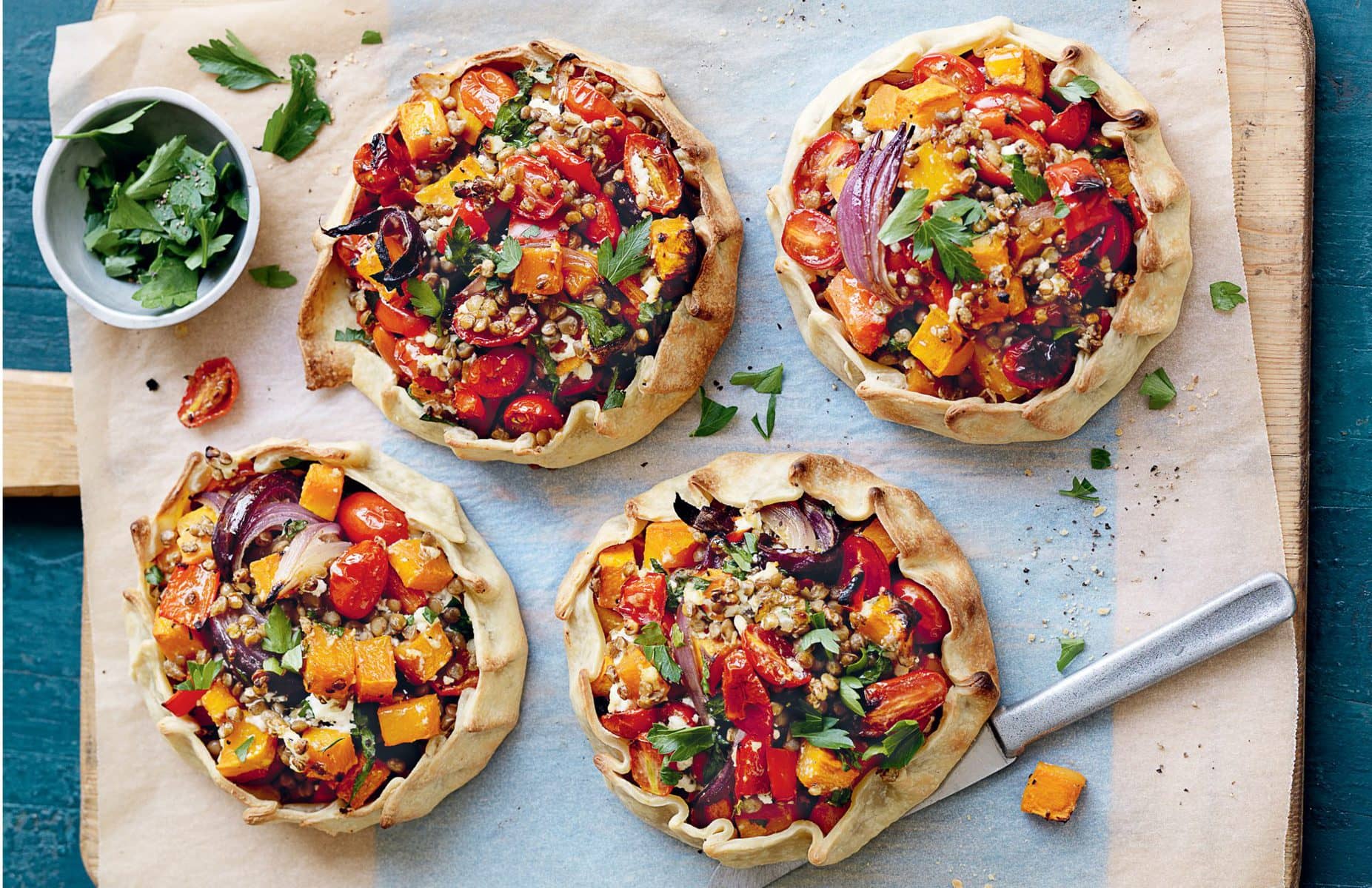 Lentil, roasted pumpkin and ricotta open pies - Healthy Food Guide