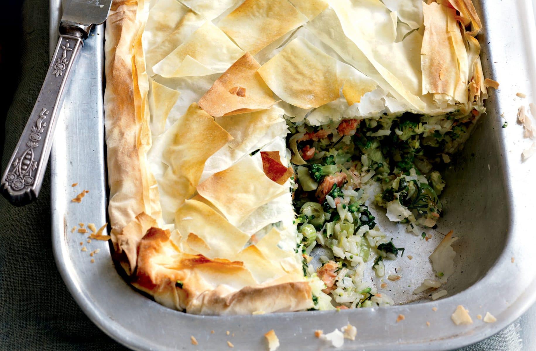 Salmon, leek, rice and broccoli filo pie - Healthy Food Guide