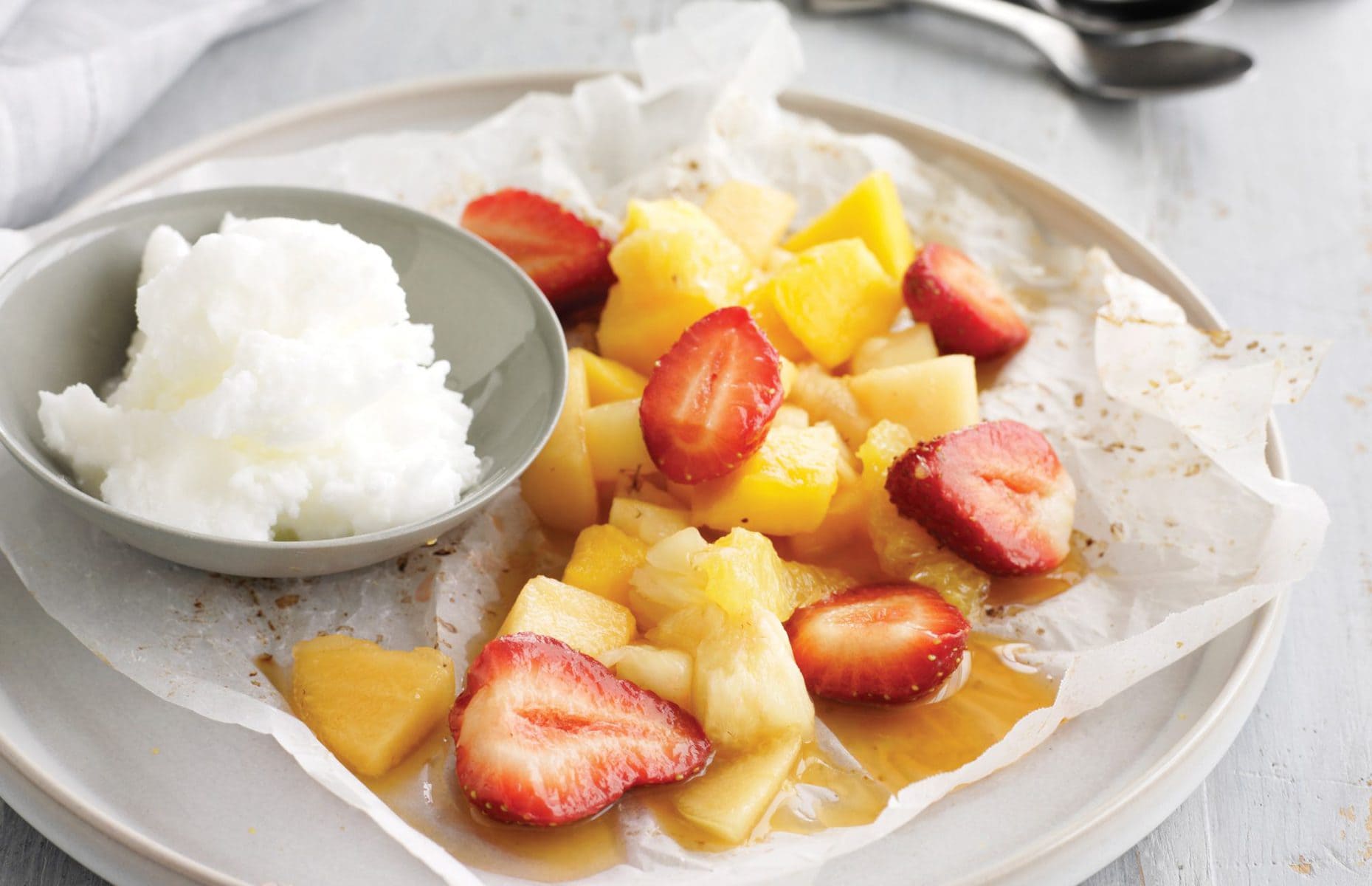 Warm fruit parcels with lemon sorbet - Healthy Food Guide