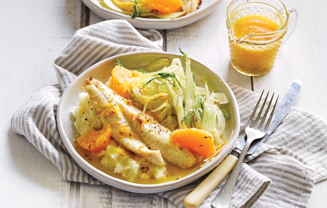 Baked fish with citrus-fennel sauce and parsnip mash - Healthy Food Guide