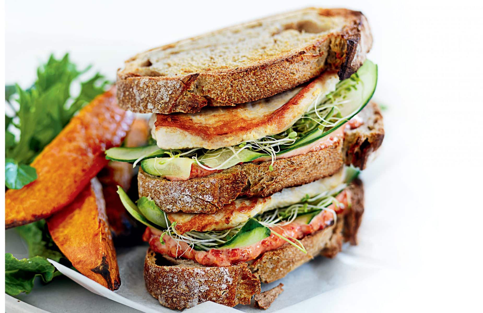 Grilled chicken club sandwich with kumara wedges - Healthy Food Guide