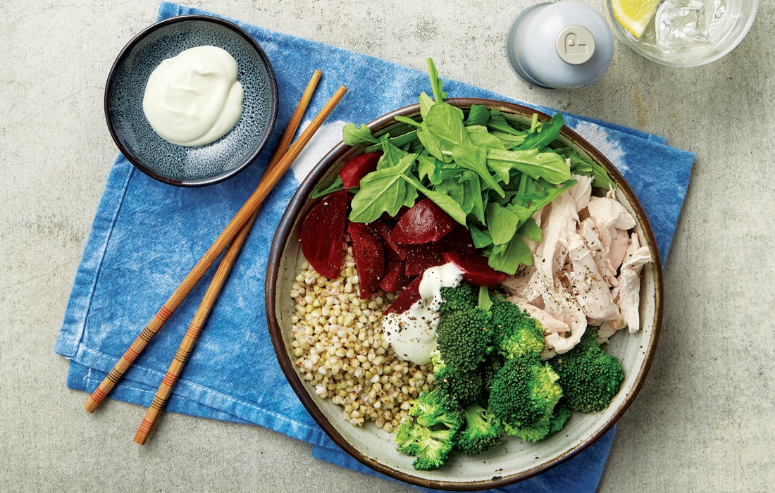 Miso-poached chicken and buckwheat bowl - Healthy Food Guide