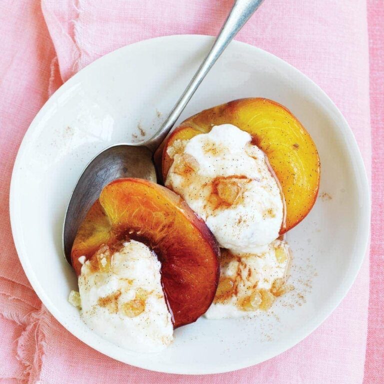 Sticky roasted peaches with ricotta cream - Healthy Food Guide