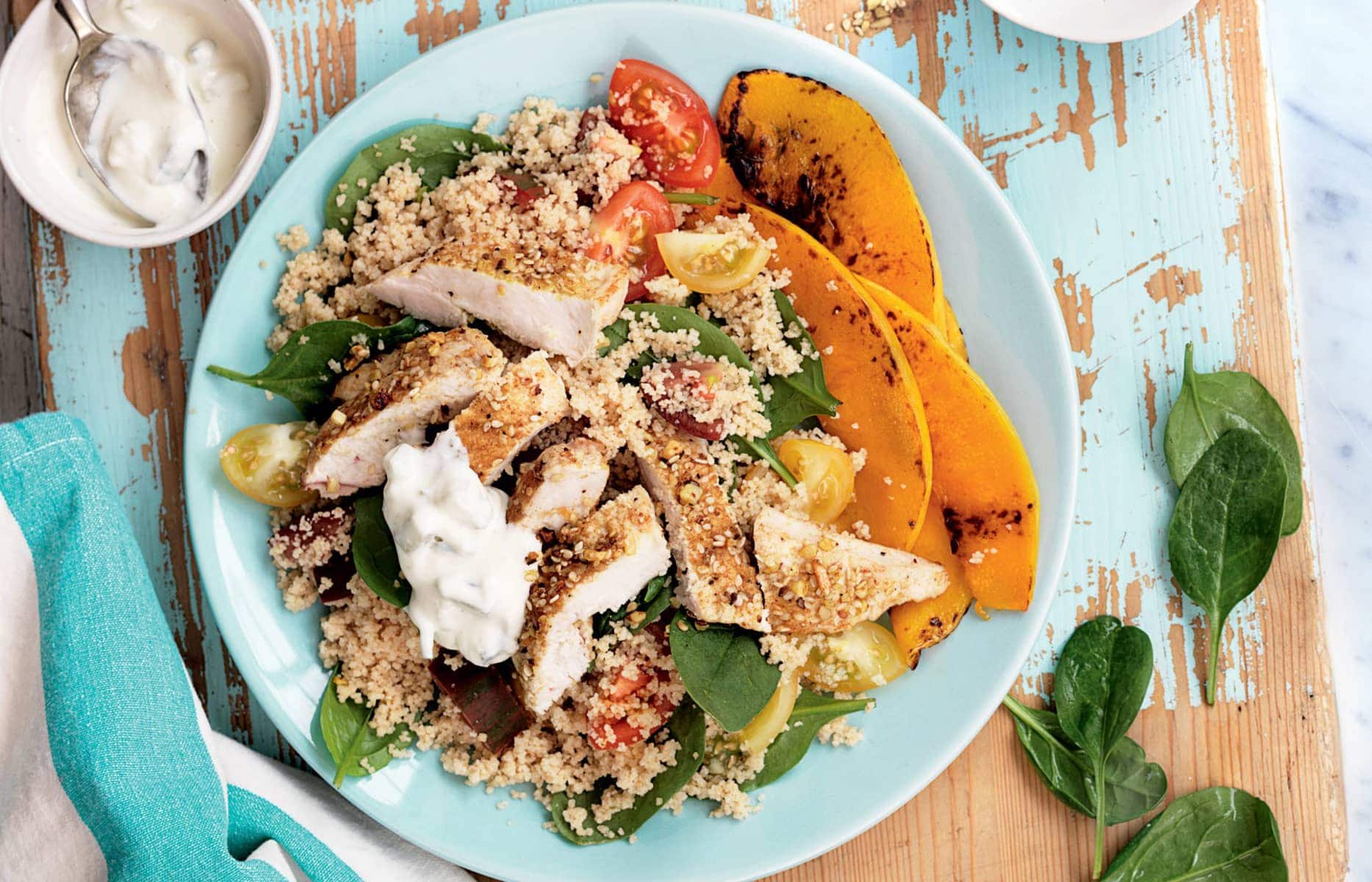 Dukkah chicken with warm couscous salad and tzatziki - Healthy Food Guide