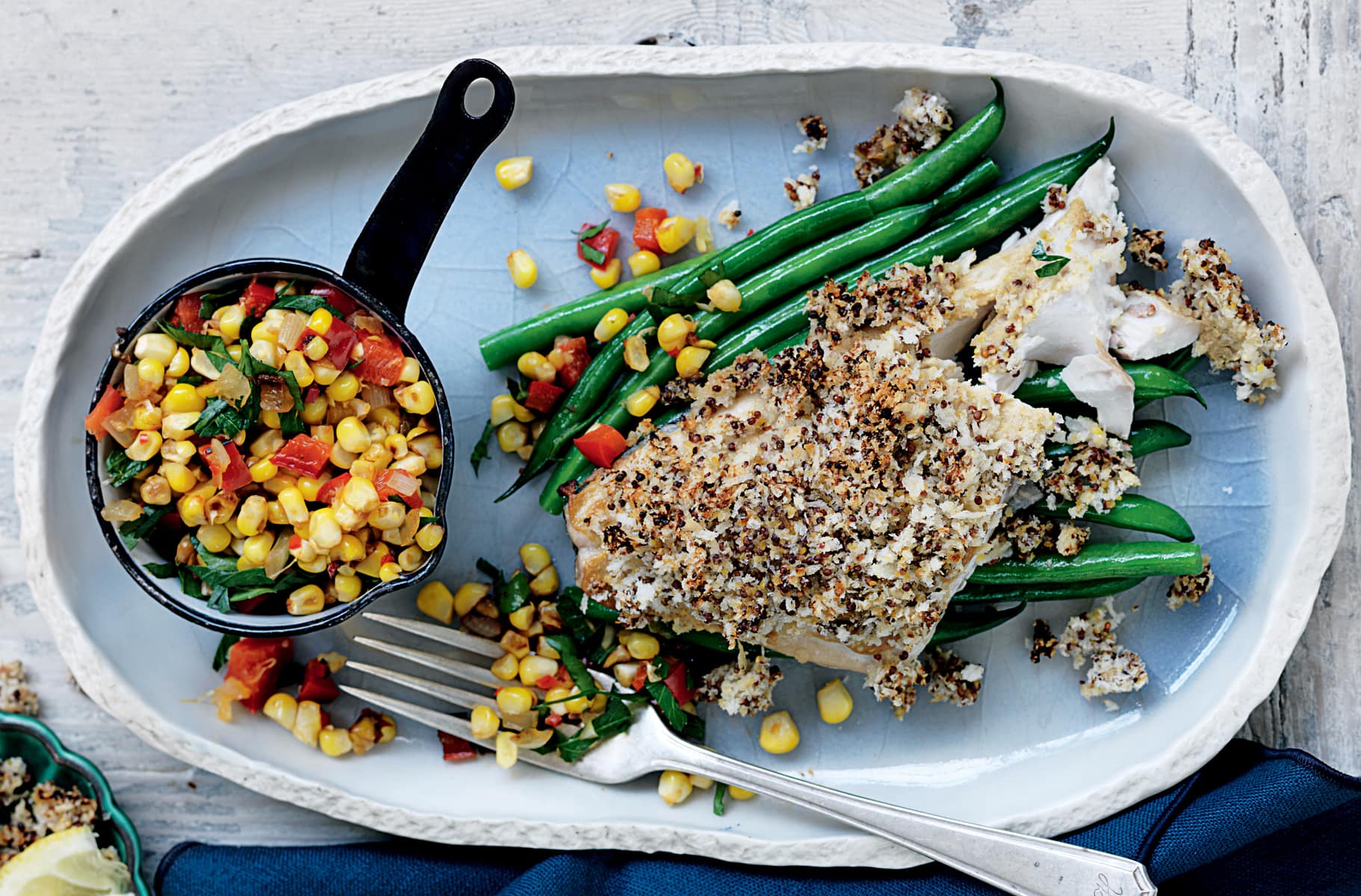 Mustard-coated fish with corn salsa - Healthy Food Guide