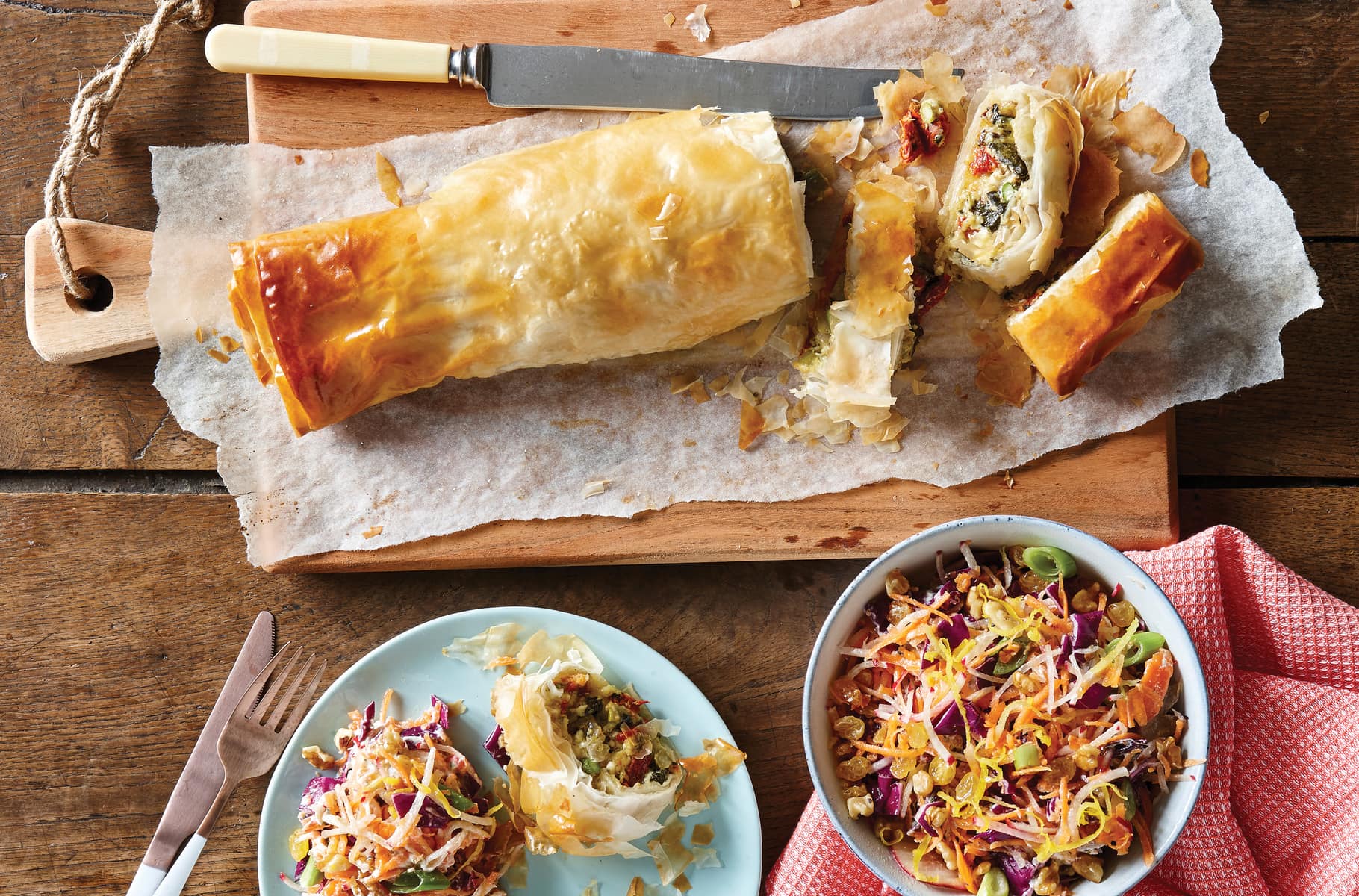 Summer vegetable strudel with nutty rainbow slaw - Healthy Food Guide