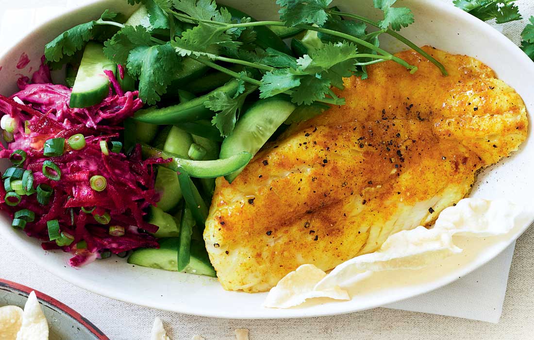 Spiced fish with beetroot raita - Healthy Food Guide