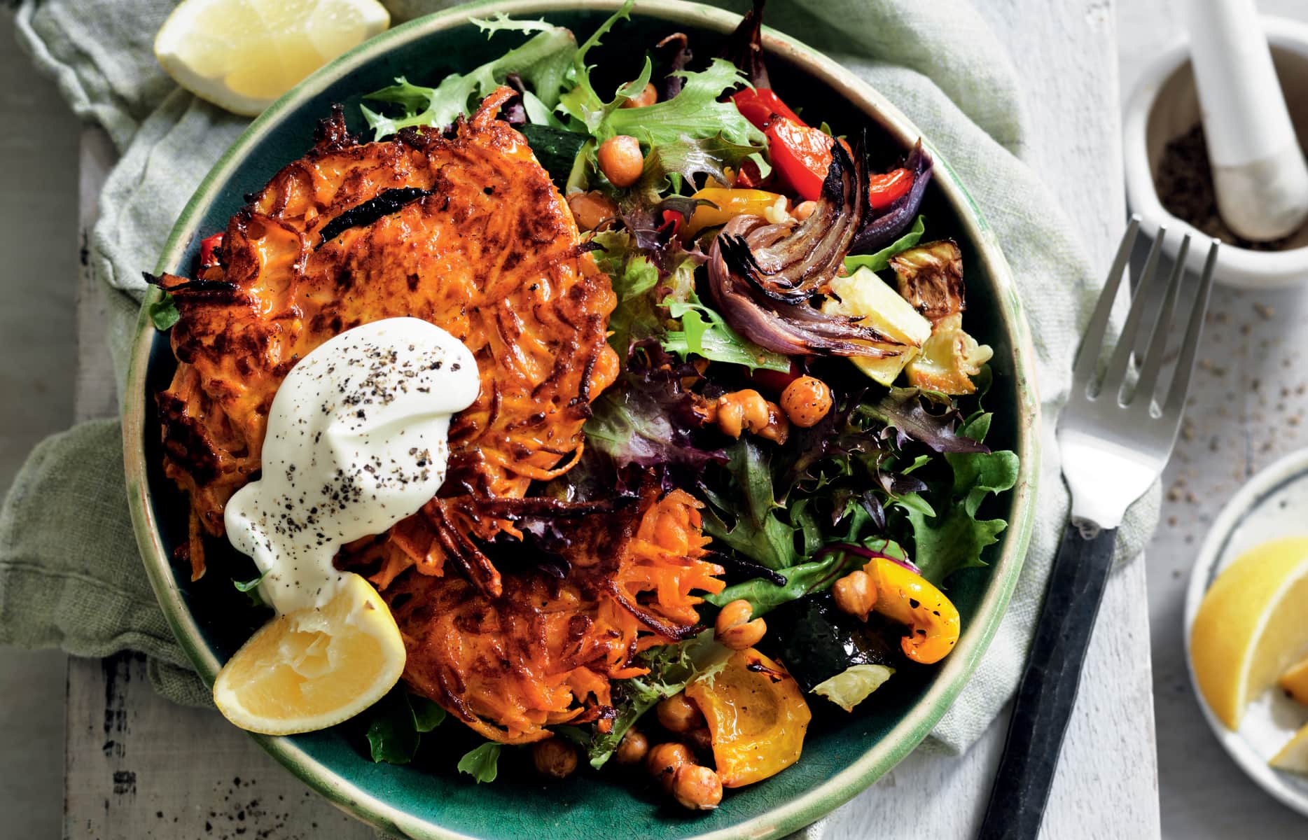 Curried kumara rösti with roasted vege salad - Healthy Food Guide