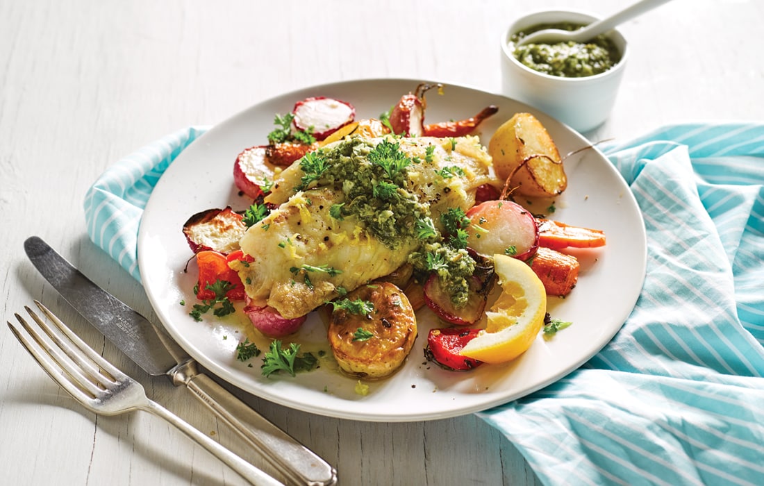 Salsa verde fish with warm salad - Healthy Food Guide