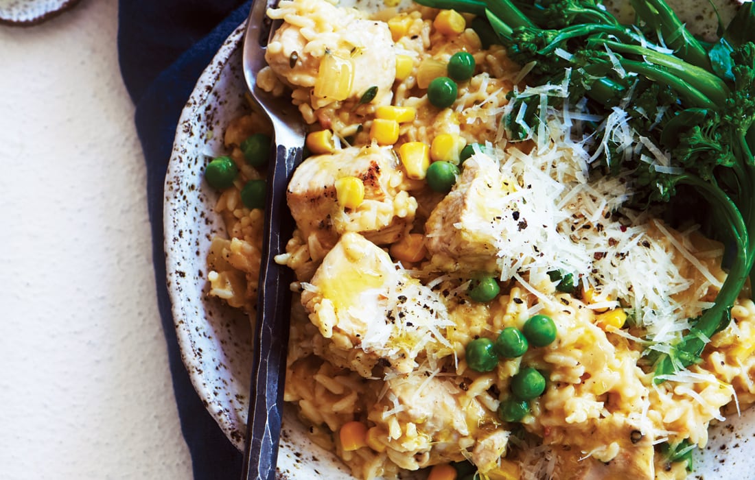 Creamy baked chicken and corn risotto - Healthy Food Guide
