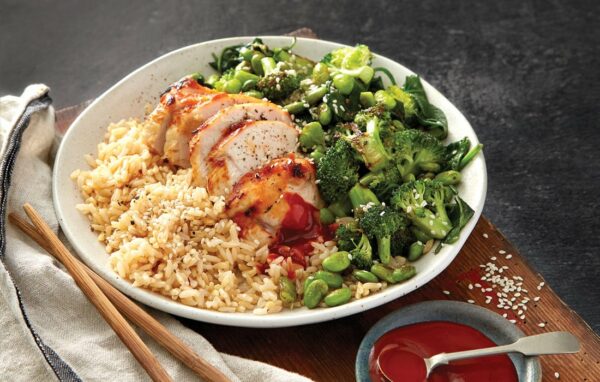 Spicy miso chicken with rice and vege toss - Healthy Food Guide