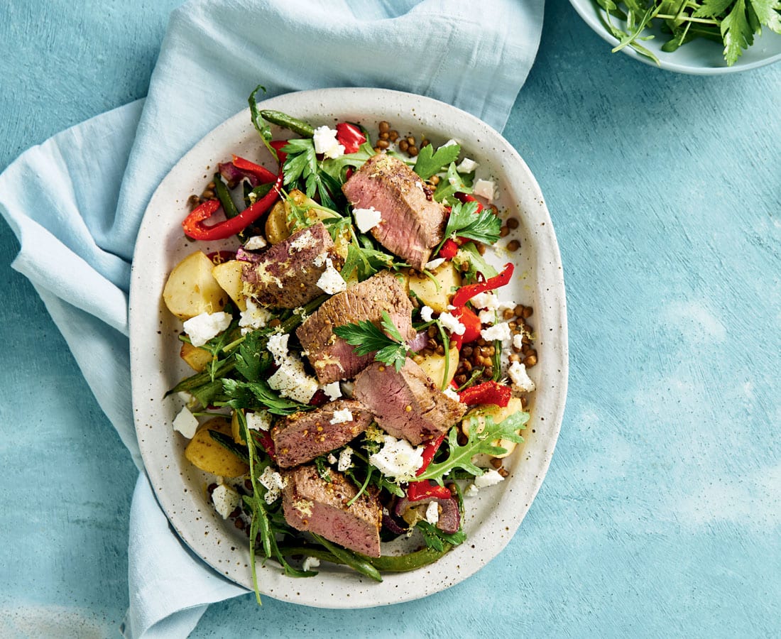 Warm mustard lamb, lentil and feta salad - Healthy Food Guide