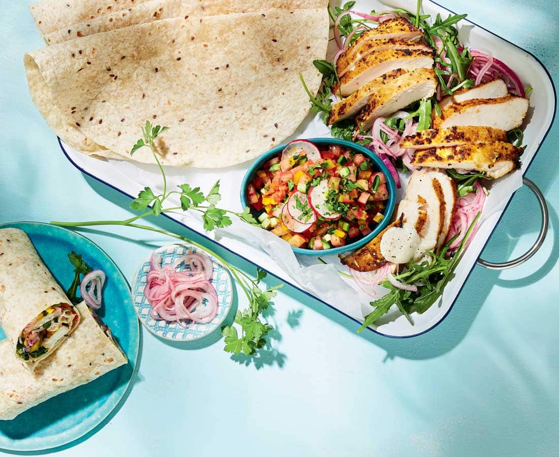 Chicken shawarma wraps with quick pickled onions and tahini sauce ...