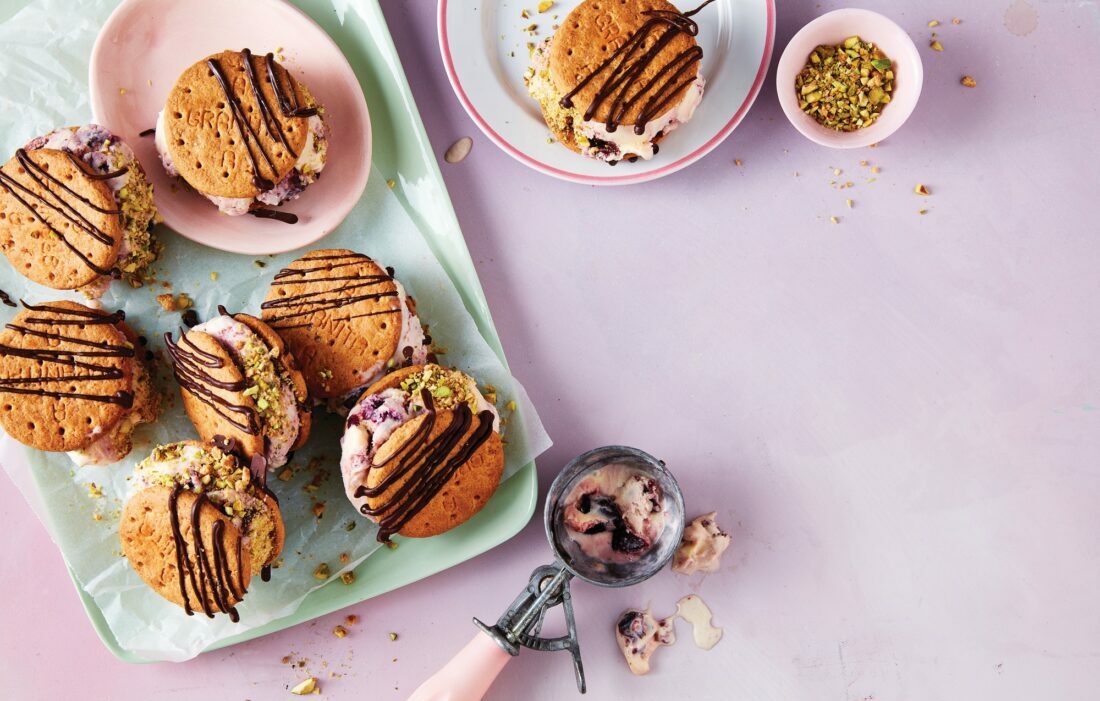 Cherry swirl choc ice cream sandwiches - Healthy Food Guide